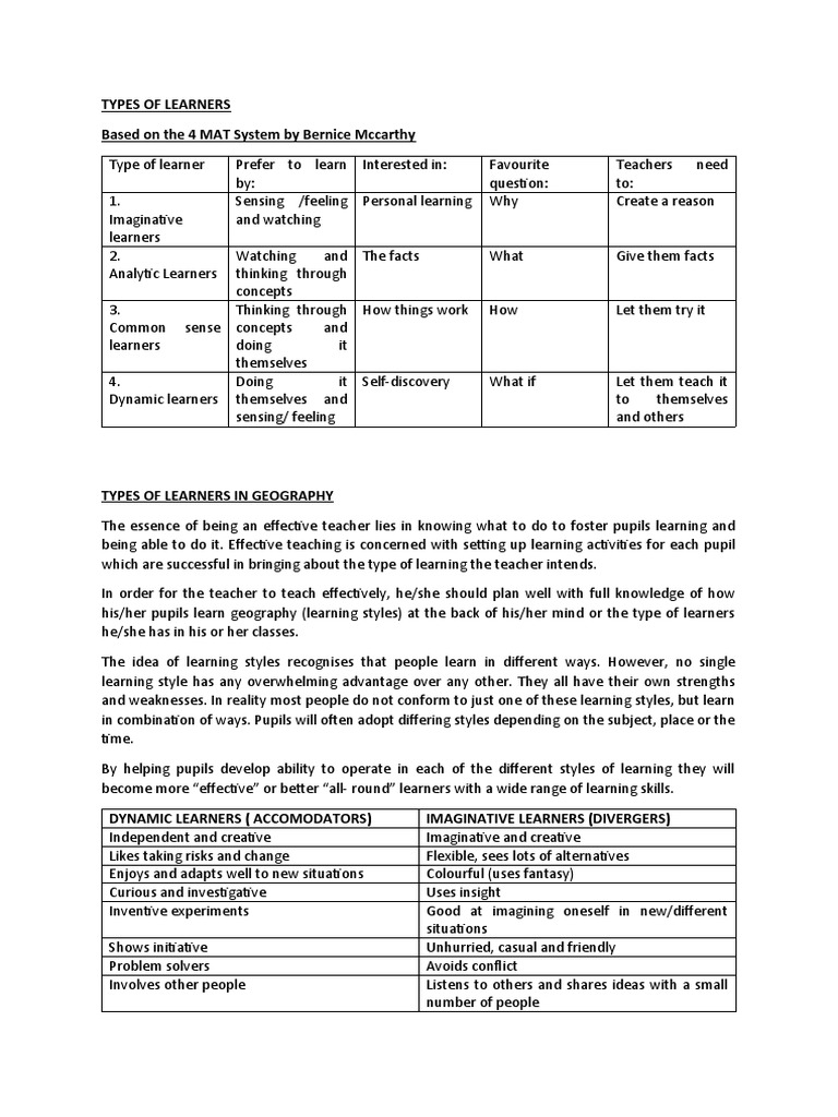 Types of Learners Based On The 4 MAT System by Bernice Mccarthy | PDF ...