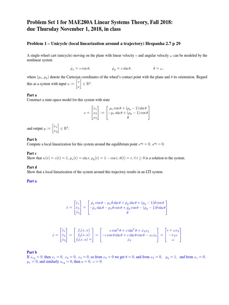 Problem Set 1 For MAE280A Linear Systems Theory, Fall 2018: Due Thursday November 1, 2018, in ...