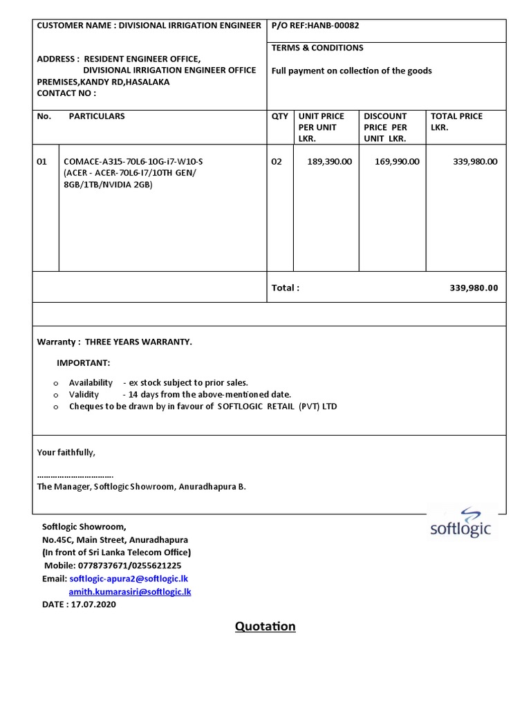 Quotation for Acer Laptop Sales | PDF