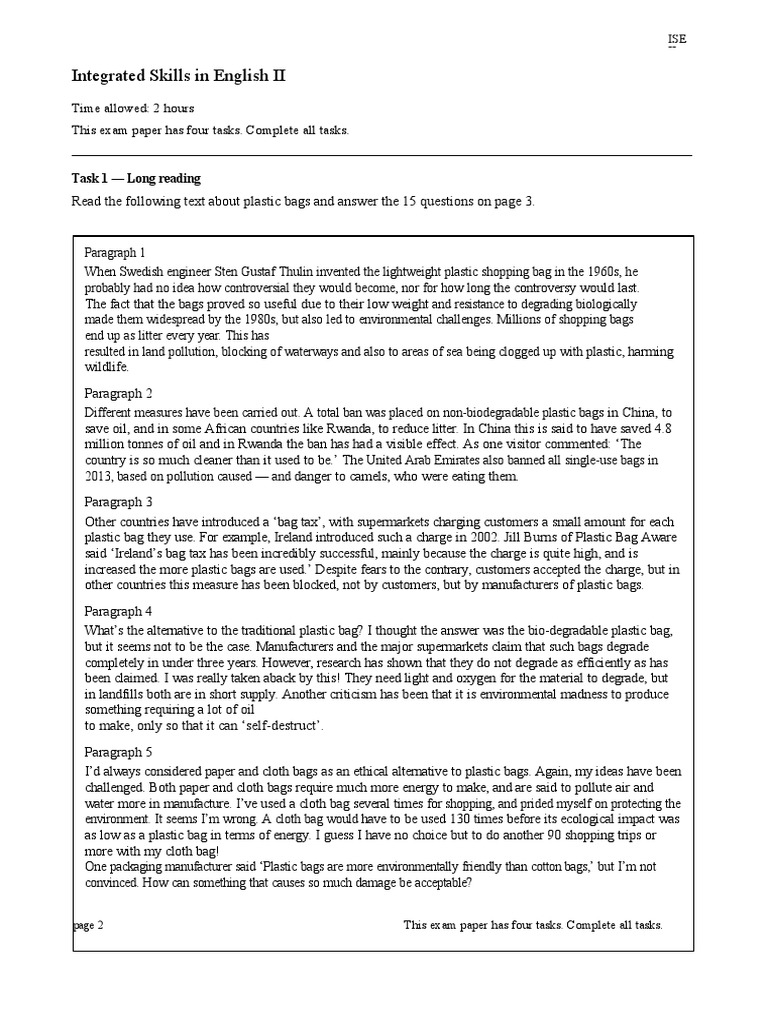 ISE II Sample Paper 1 (With Answers) (1) - Páginas-2-3 | PDF | Plastic | Economy And The Environment