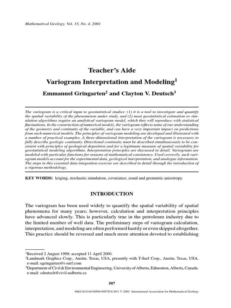 Teacher's Aide Variogram Interpretation and Modeling: Emmanuel Gringarten and Clayton V. Deutsch ...