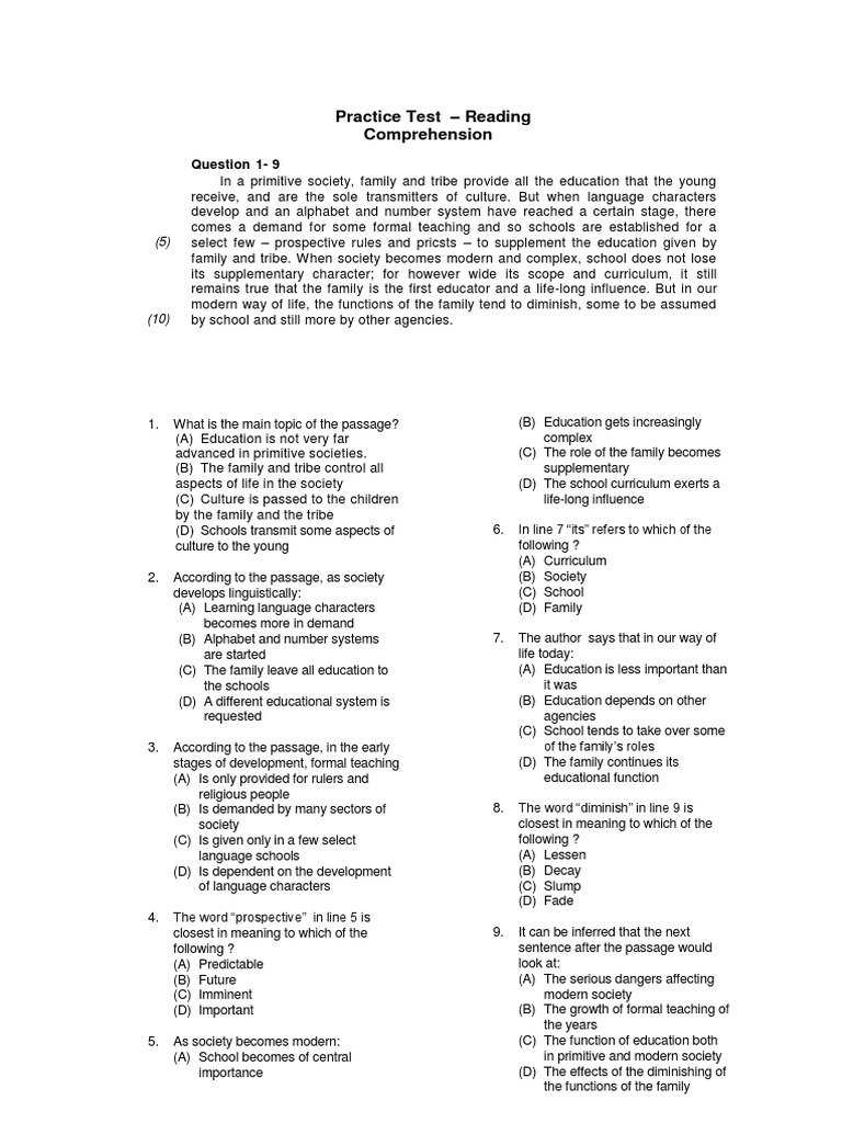 Practice Test - Reading Comprehension: Question 1-9 | PDF | Fraction ...