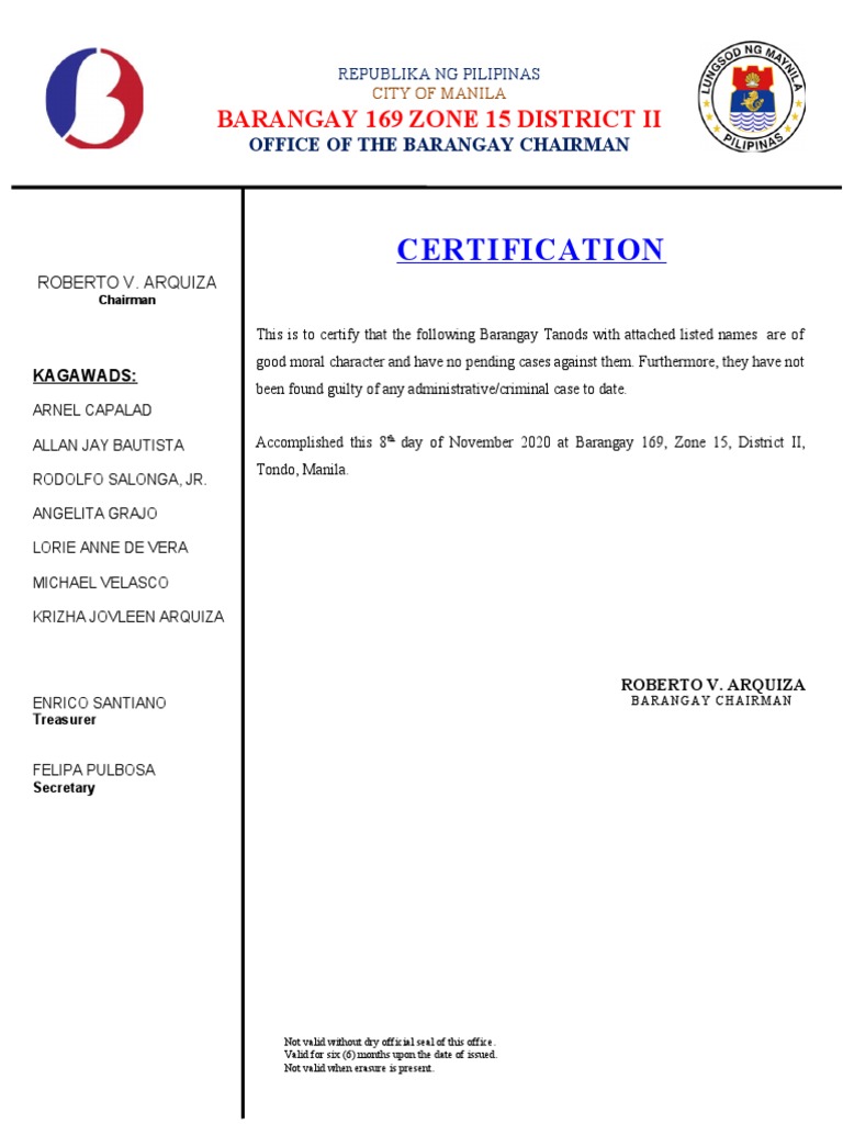 Barangay Tanod Good Moral Certification | PDF
