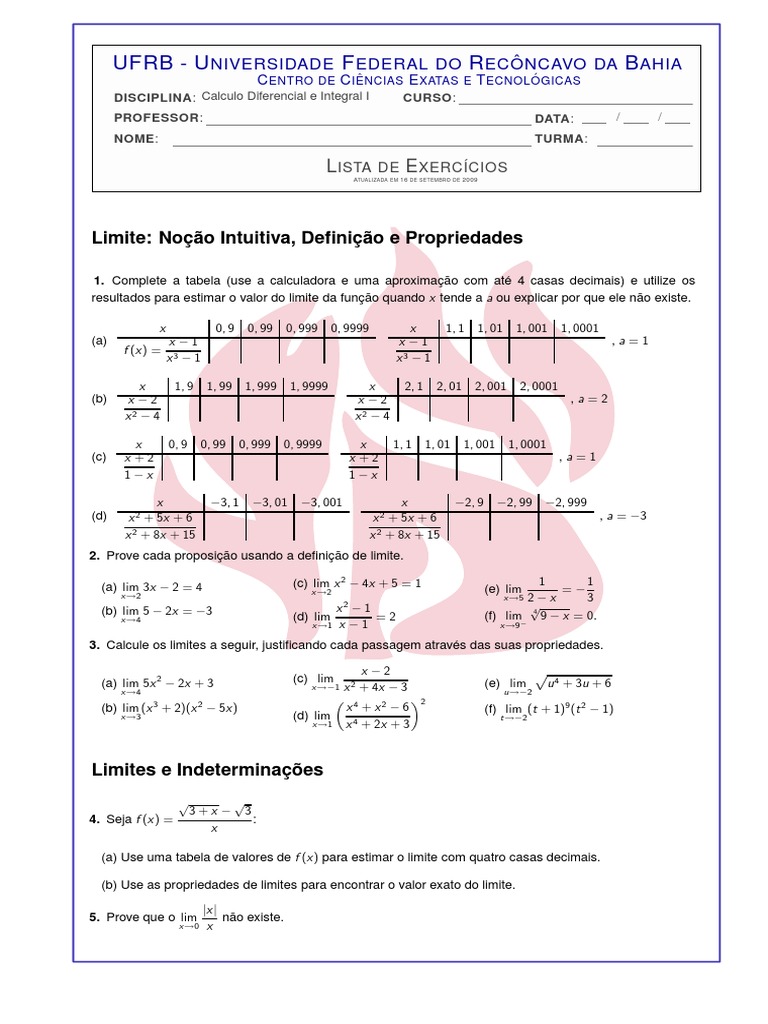 Cálculo de Limites em Exercícios de Cálculo I | PDF | Derivado | Limite ...