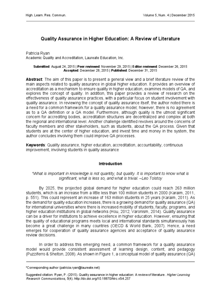 Quality Assurance in Higher Education: A Review of Literature | PDF ...