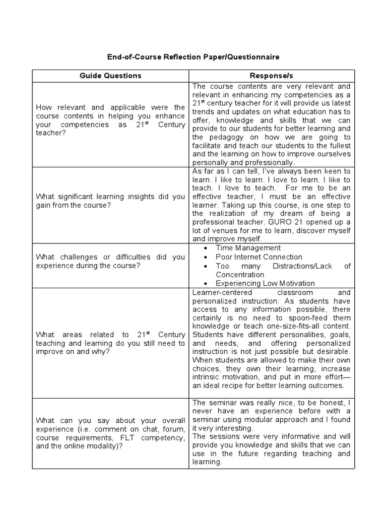 End-of-Course Reflection Paper/Questionnaire Guide Questions Response/s ...