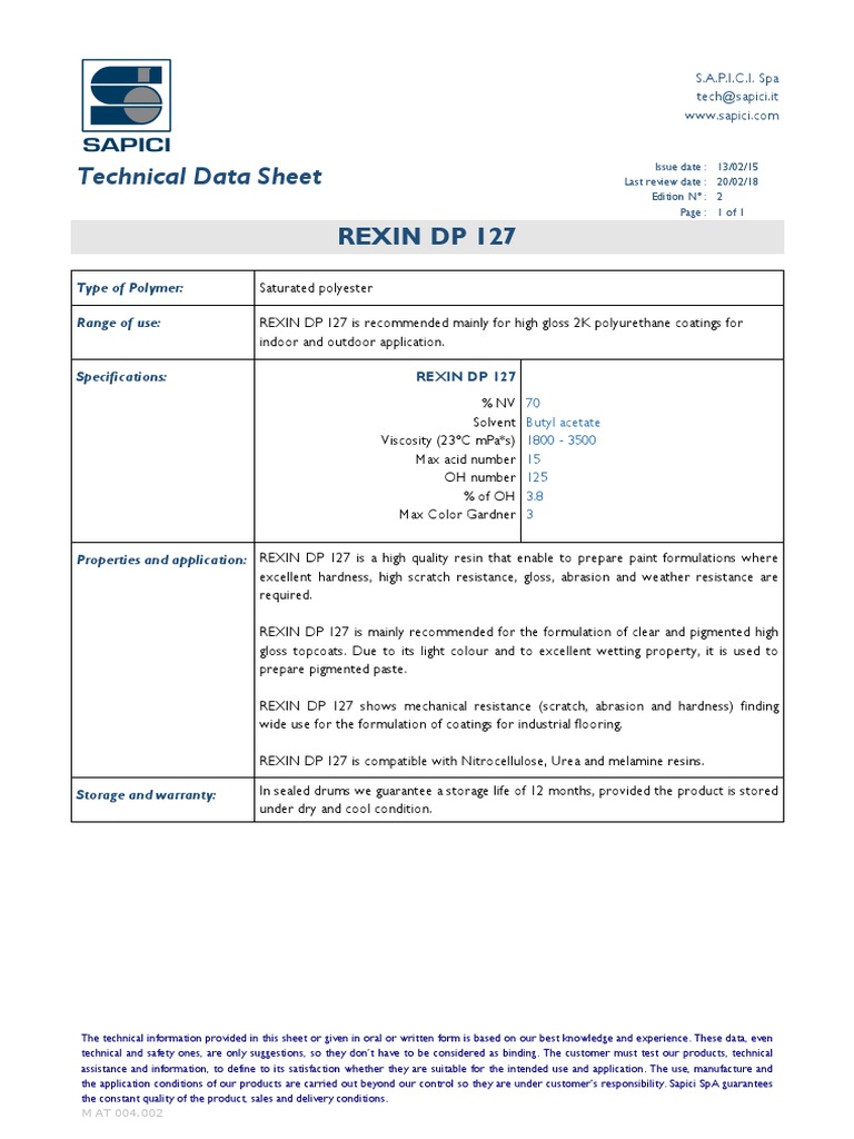 Technical Data Sheet: Rexin DP 127 | PDF | Paint | Materials