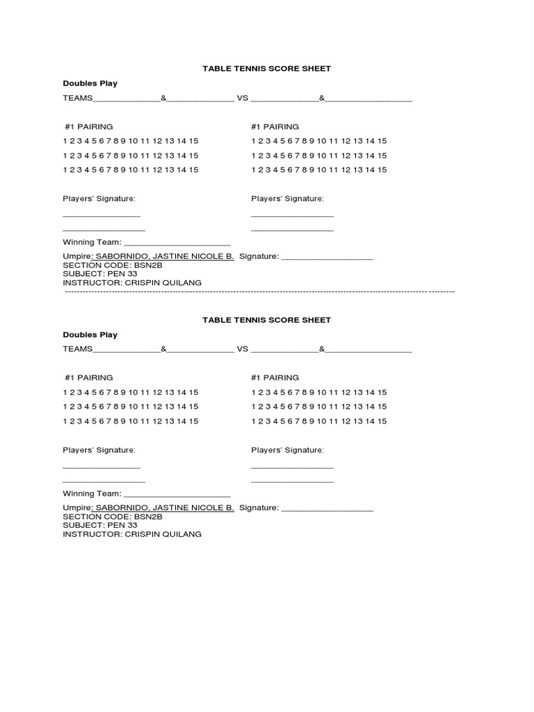 Table Tennis Score Sheet Doubles Play | PDF