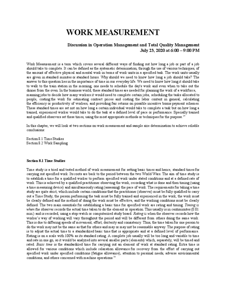 Work Measurement Techniques Overview | PDF | Sample Size Determination ...