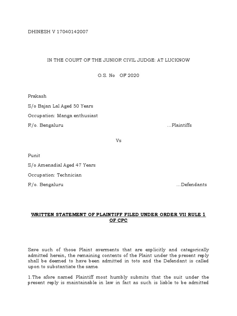 Written Statement of Plaintiff Filed Under Order Vii Rule 1 of CPC | PDF | Lawsuit | Public Law