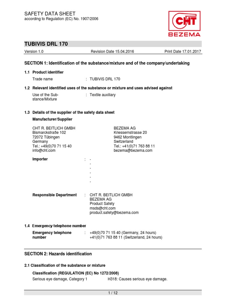 TUBIVIS DRL 170 Safety Data Sheet | PDF | Dangerous Goods | Toxicity