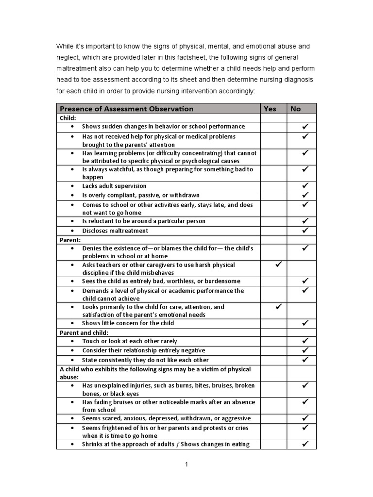 Presence of Assessment Observation Yes No: Child | PDF | Child Abuse ...