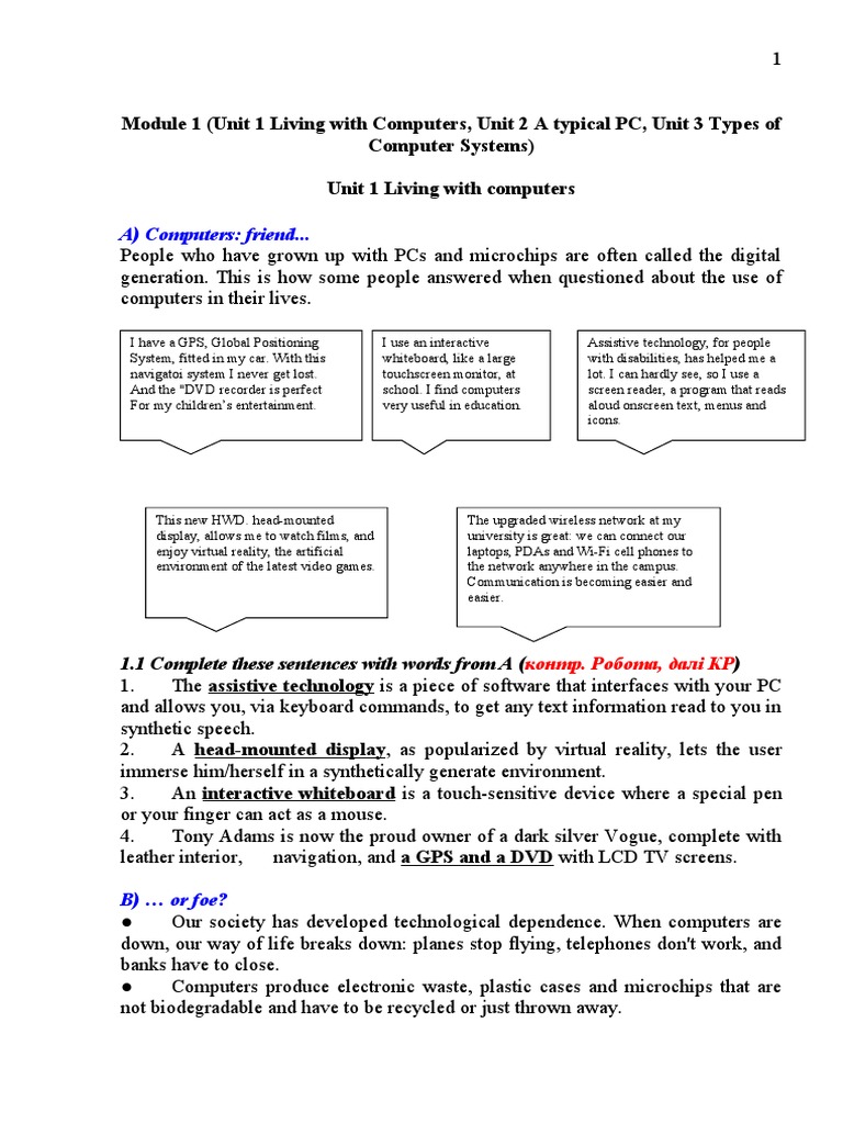 Module 1 (Unit 1 Living With Computers, Unit 2 A Typical PC, Unit 3 ...