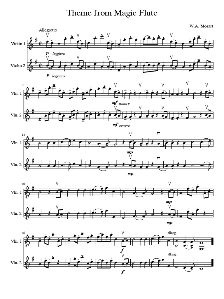 Theme From Magic Flute: W.A. Mozart Allegretto | PDF | Classical Music ...
