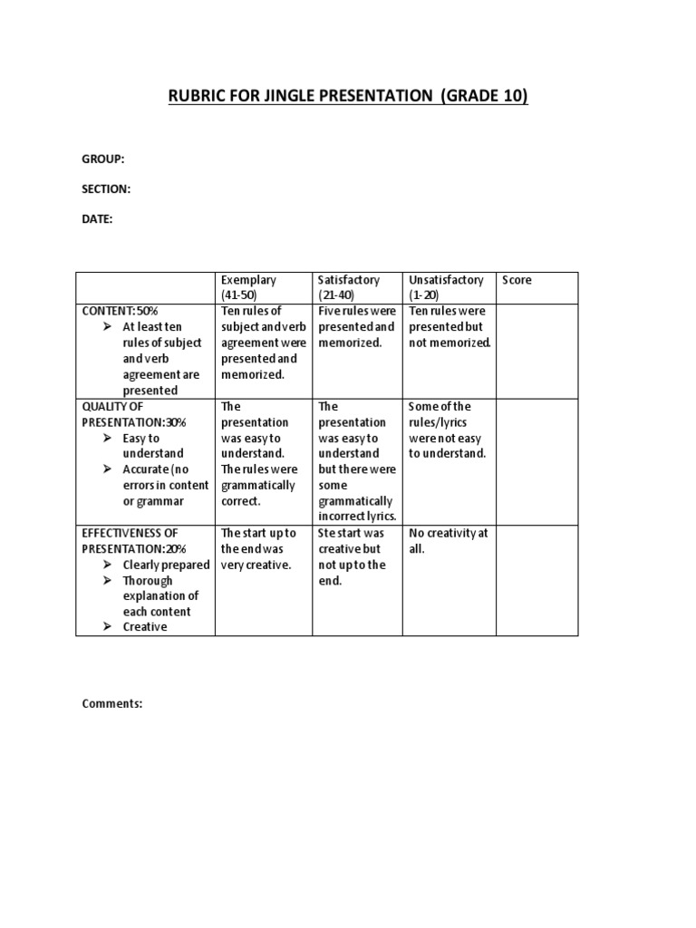 Rubric For Jingle Presentation (Grade 10) : Group: Section: Date | PDF