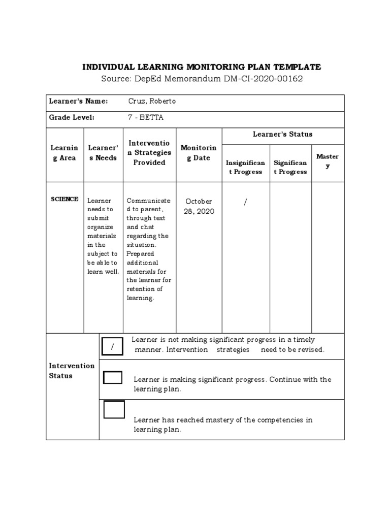 Individual Learning Monitoring Plan Template | PDF