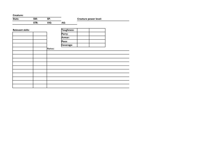 Creature: Stats: SM: SP: Creature Power Level: STR: Vig: AG: Relevant ...