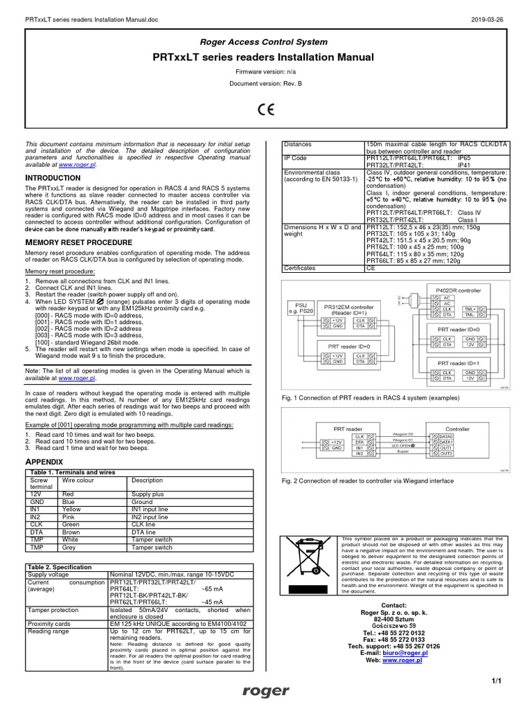 PRTXXLT Series Readers Installation Manual: Roger Access Control System ...