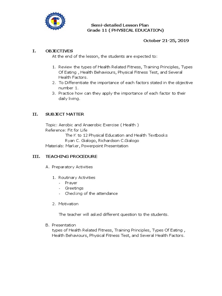 Semi-Detailed Lesson Plan Grade 11 (Physical Education) October 21-25 ...