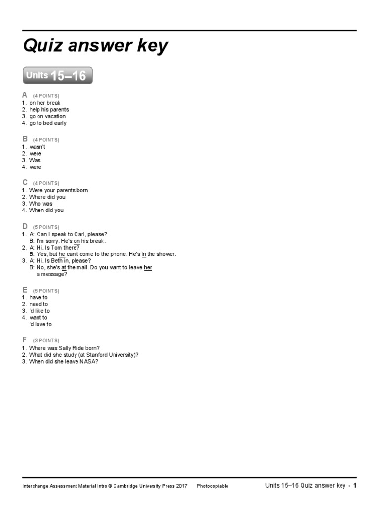 Units 15-16 Quiz Answer Key | PDF | Language Arts & Discipline | Self ...
