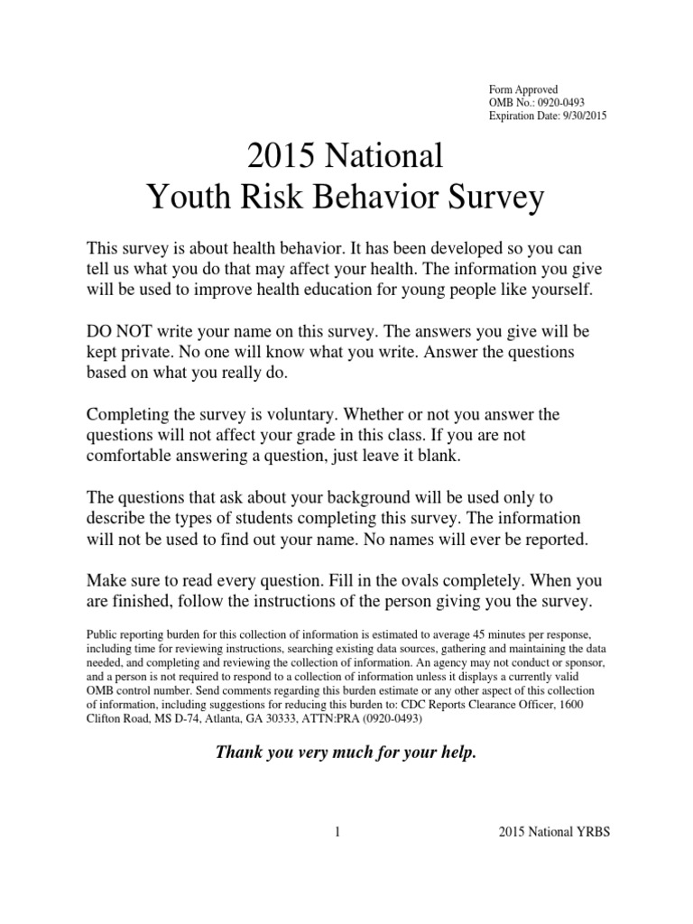 2015 National Youth Risk Behavior Survey: Thank You Very Much For Your ...