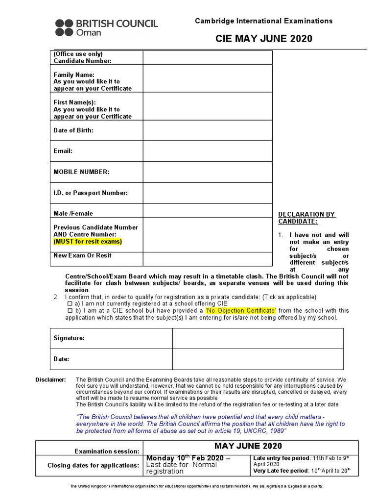 CIE May June 2020 Examination Registration Form and Important ...