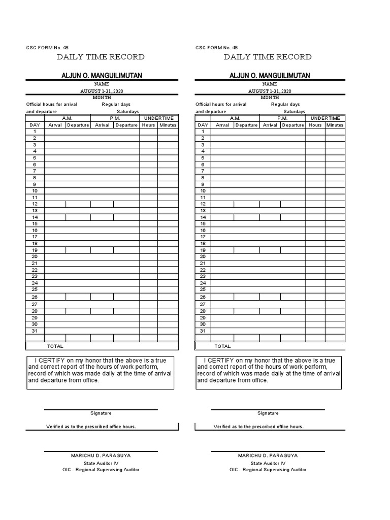 Daily Time Record Daily Time Record: Aljun O. Manguilimutan Aljun O ...