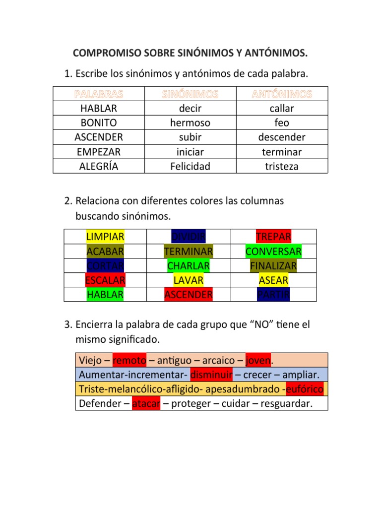 Hojas De Trabajo De Sinónimos Y Antónimos De Quinto Grado