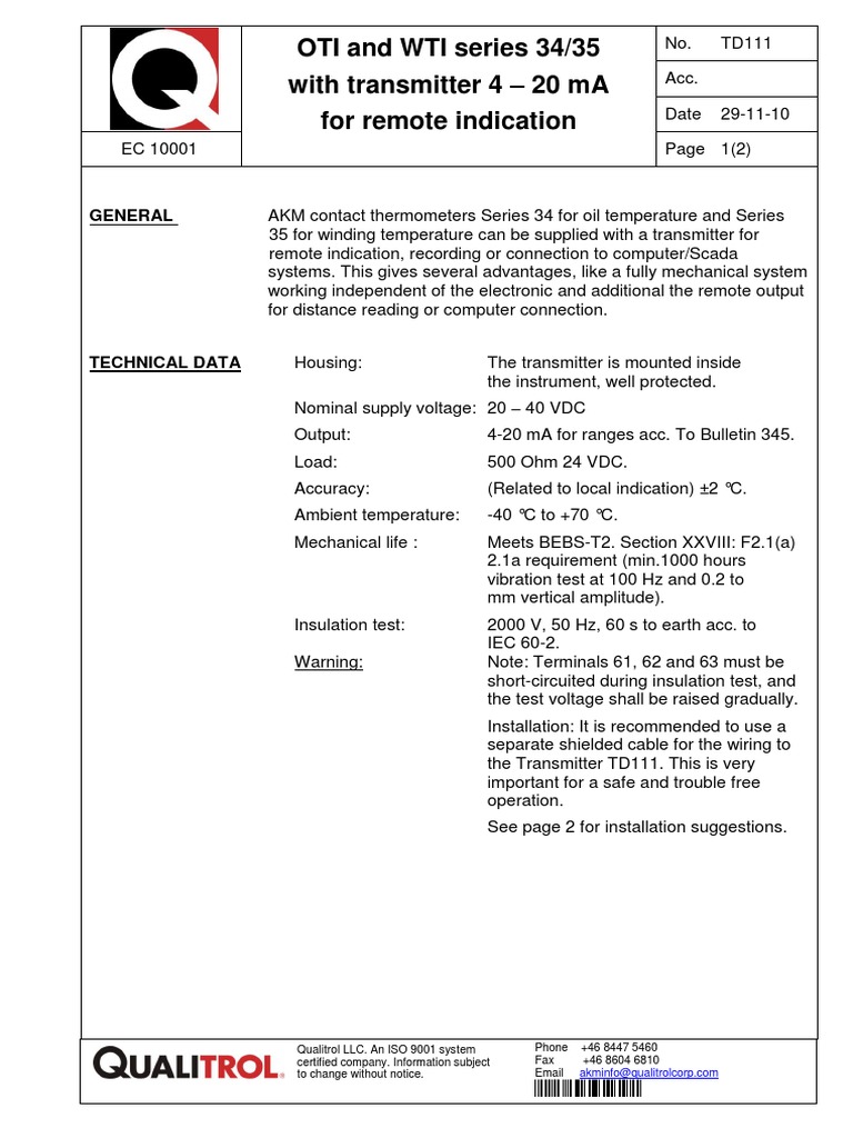 OTI and WTI Series 34/35 With Transmitter 4 - 20 Ma For Remote Indication | PDF | Electrical ...