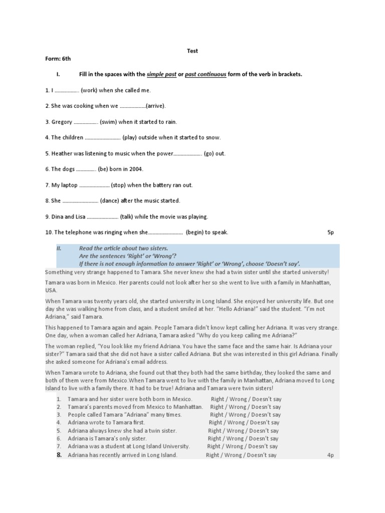Test 6 Past Simple Vs Past Continuous | PDF