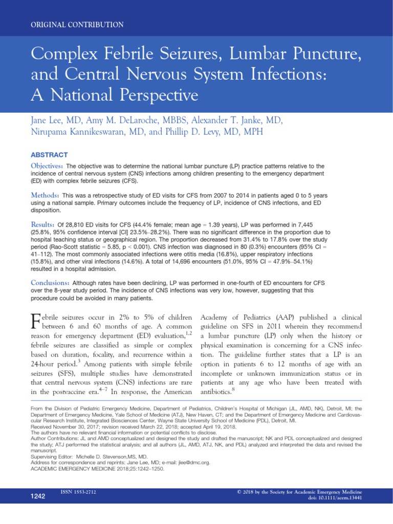 Complex Febrile Seizures, Lumbar Puncture, and Central Nervous System ...