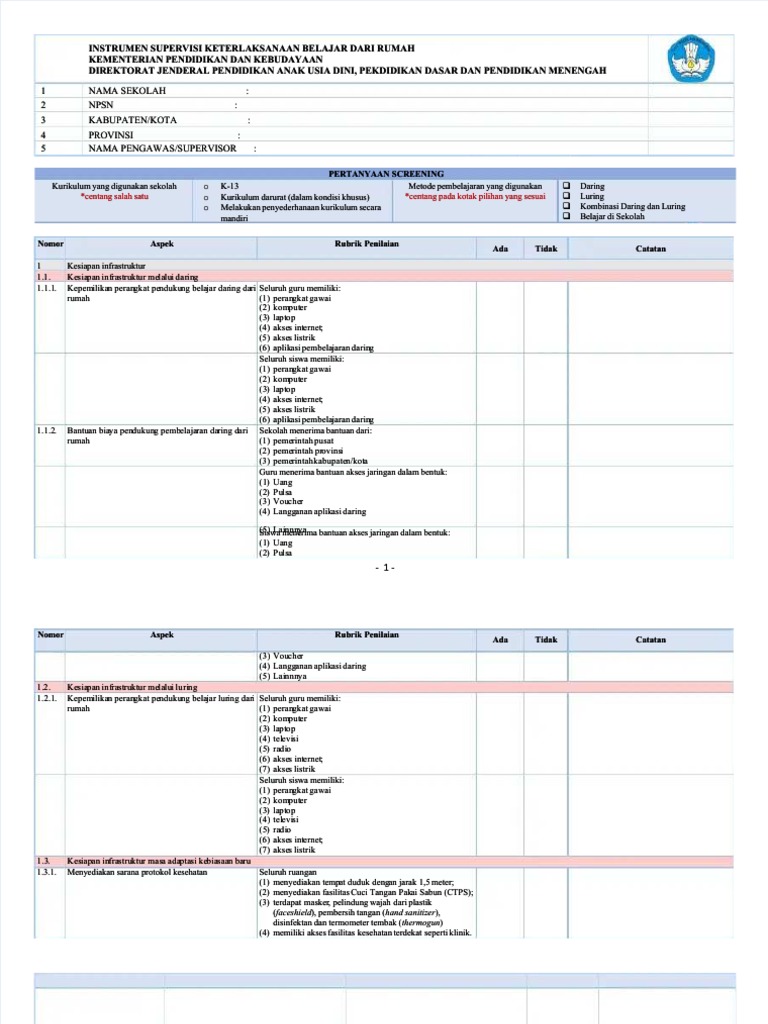 Instrumen Supervisi Keterlaksanaan BDR PDF | PDF