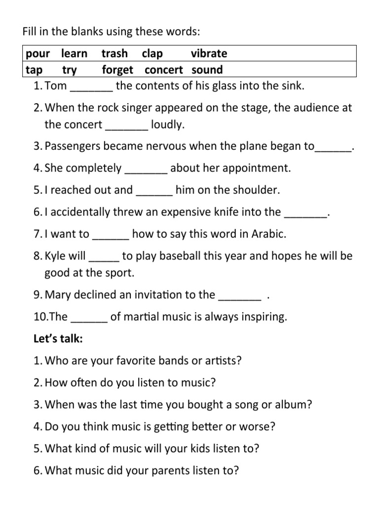 Fill in the Blanks: Music and Actions | PDF
