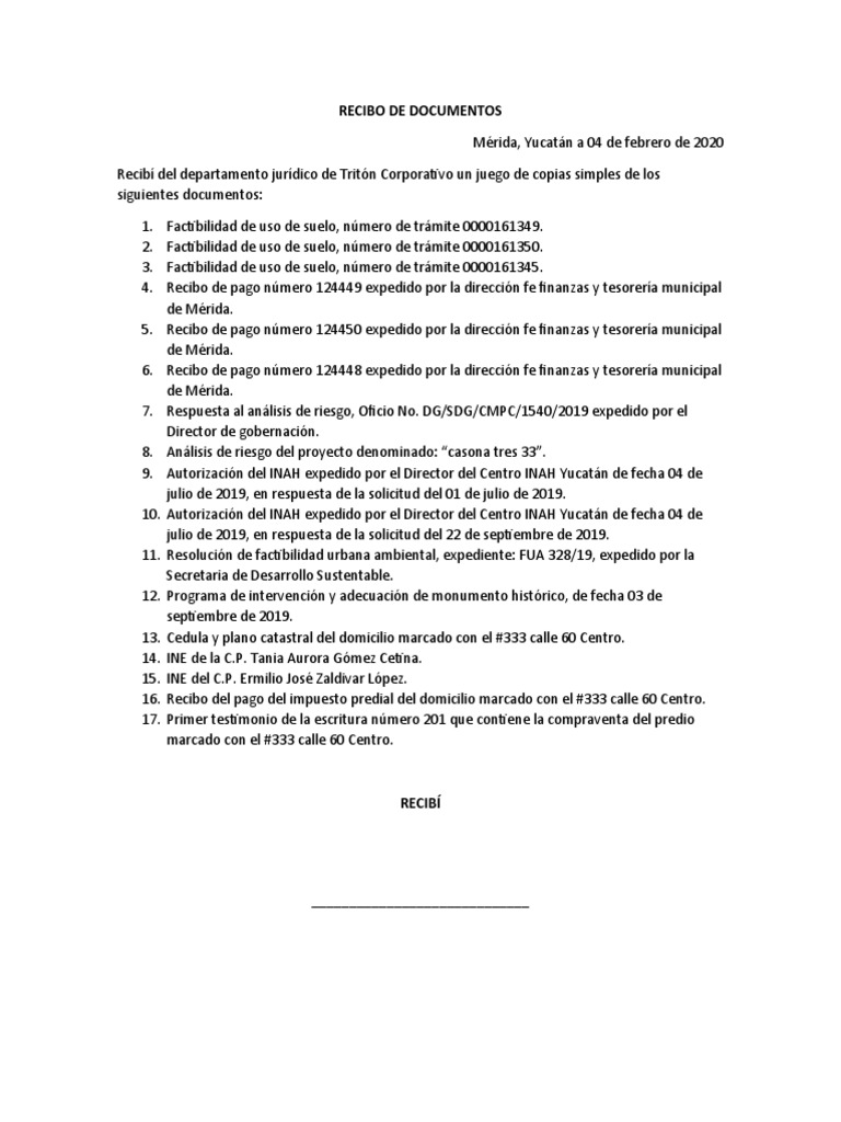 Recibo de Documentos Casa 333 | PDF