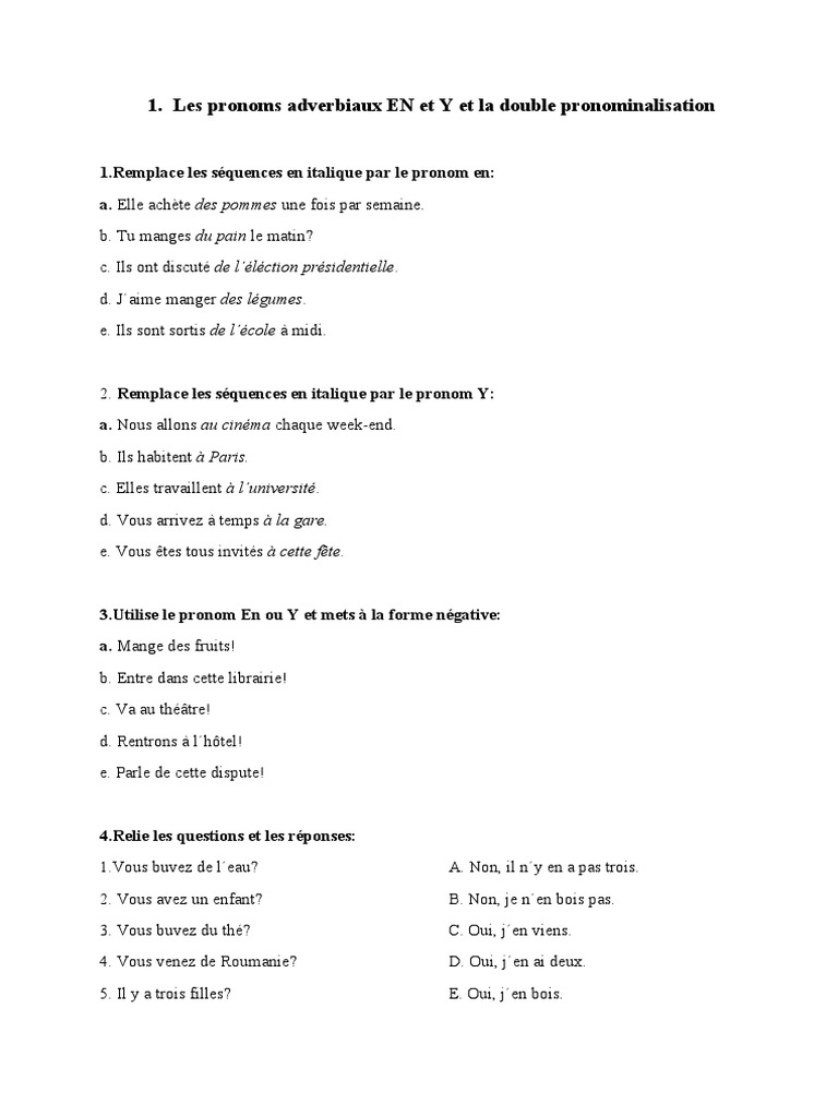 Les Pronoms Adverbiaux en Et y Et La Double Pronominalisation | PDF ...
