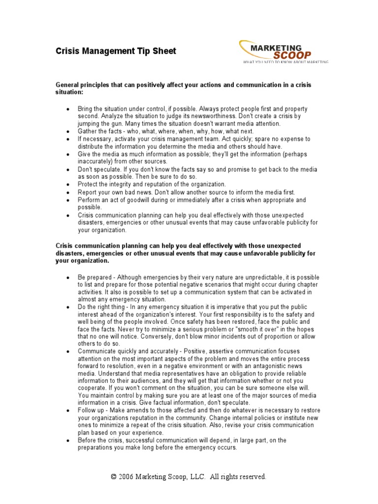 Crisis Management Tip Sheet | Download Free PDF | Crisis Management ...