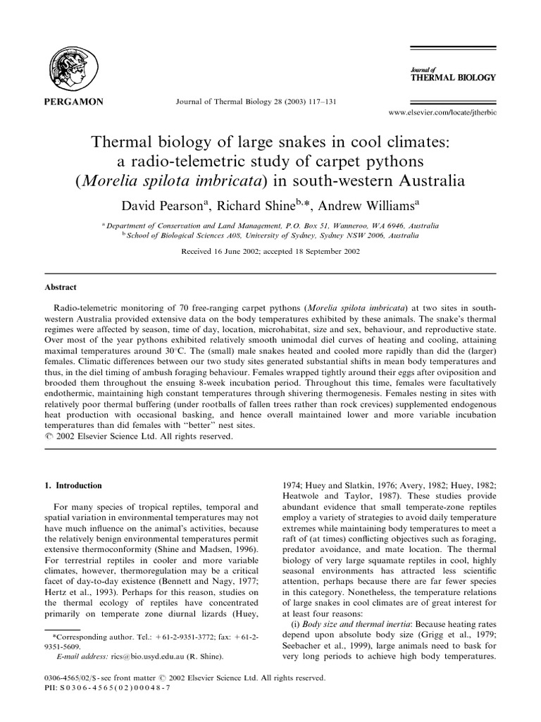 Thermal Biology of Large Snakes in Cool Climates: A Radio-Telemetric ...