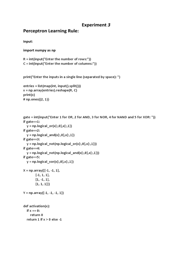 Experiment 3 Perceptron Learning Rule:: Input: Import Numpy As NP | PDF