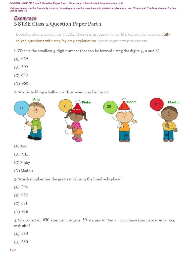 NSTSE Class 2 Question Paper Part 1: Examrace | PDF | Faq | Learning