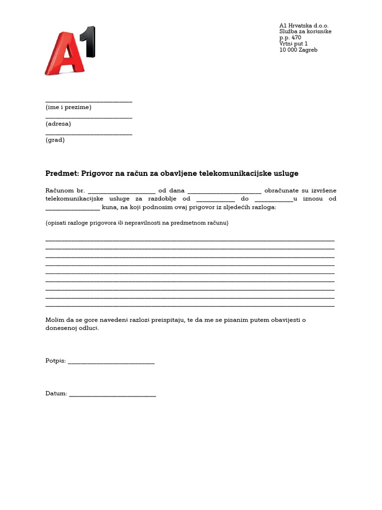 Prigovor Na Racun - Obrazac - Writt | PDF