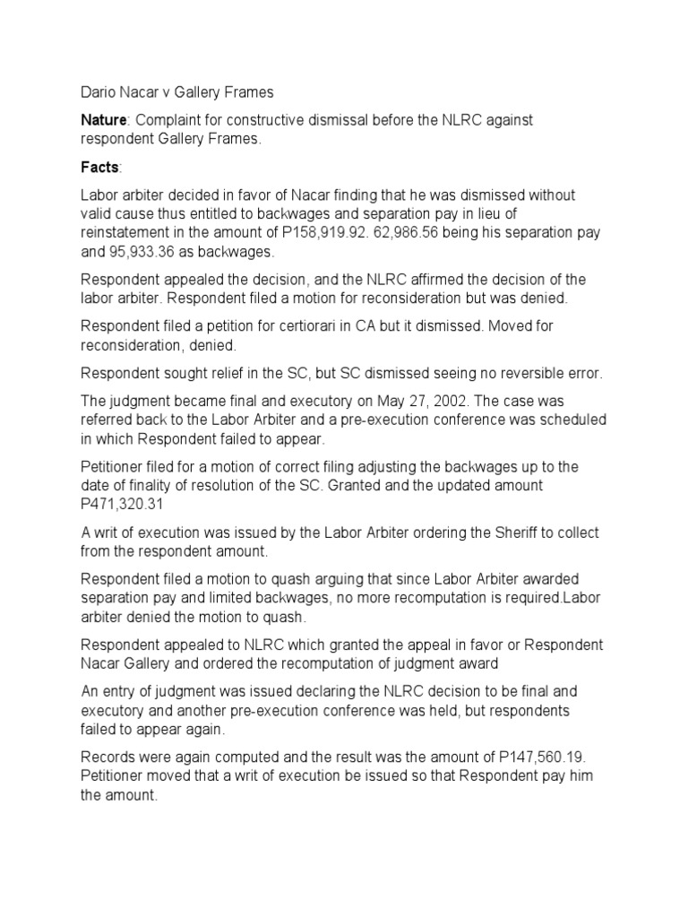 Nature: Complaint For Constructive Dismissal Before The NLRC Against ...