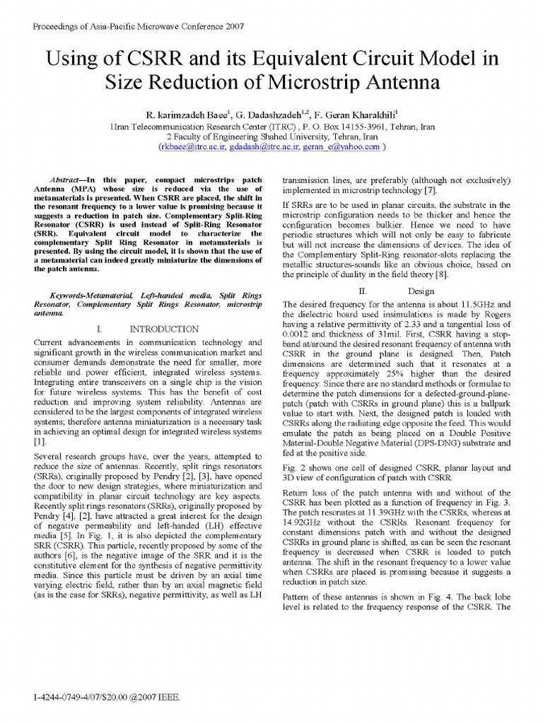 Using of CSRR and Its Equivalent Circuit Model in | PDF | Antenna (Radio) | Force