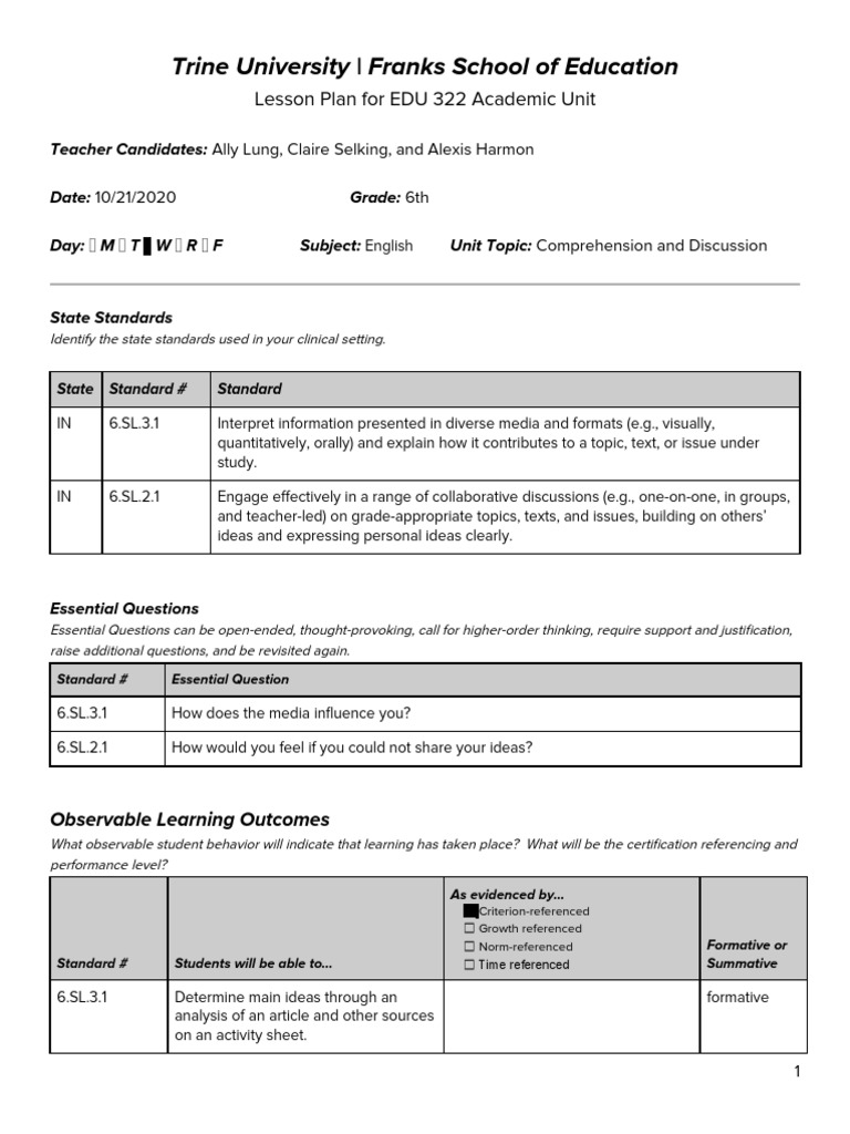 6th Grade English Lesson Plan: Media Literacy | PDF | Learning | Teaching