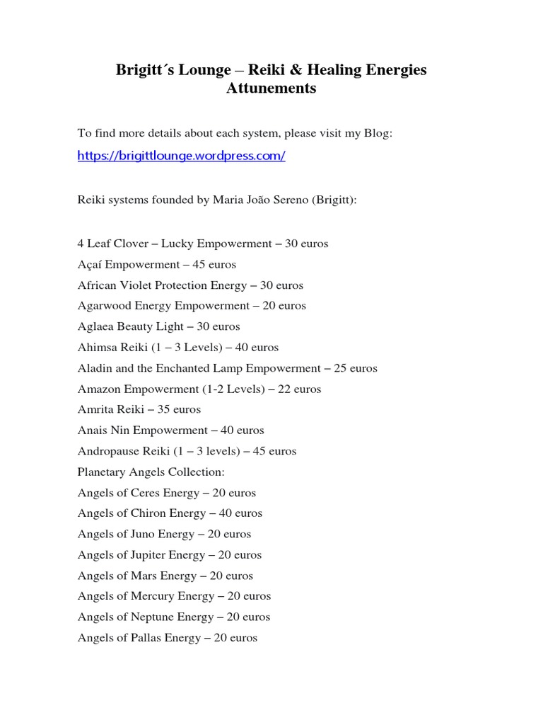 Brigitt S Lounge Reiki & Healing Energies Attunements Price List | PDF ...