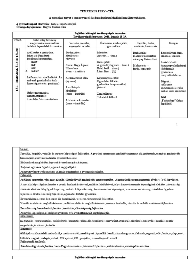 Óvodai Tematikus Terv - Tél | PDF