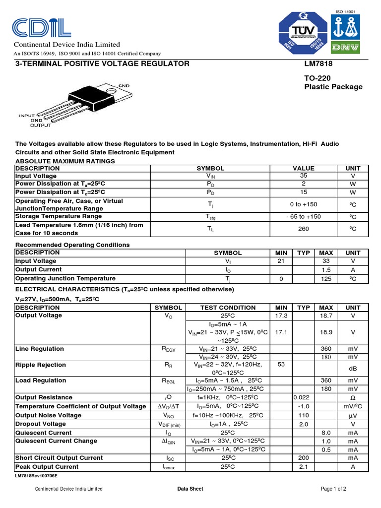 3-Terminal Positive Voltage Regulator LM7818 TO-220 Plastic Package ...