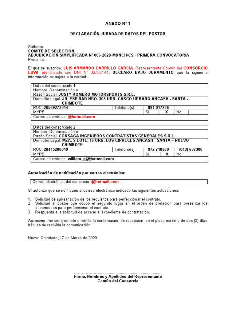 1 - Anexo #01 - Declaración Jurada de Datos Del Postor | PDF | Derecho