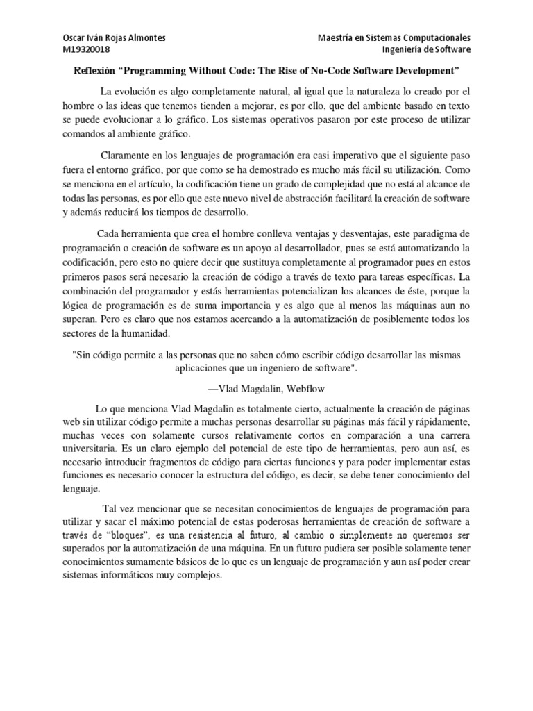 Reflexión Programming Without Code The Rise Of No Code Software Development Pdf Lenguaje