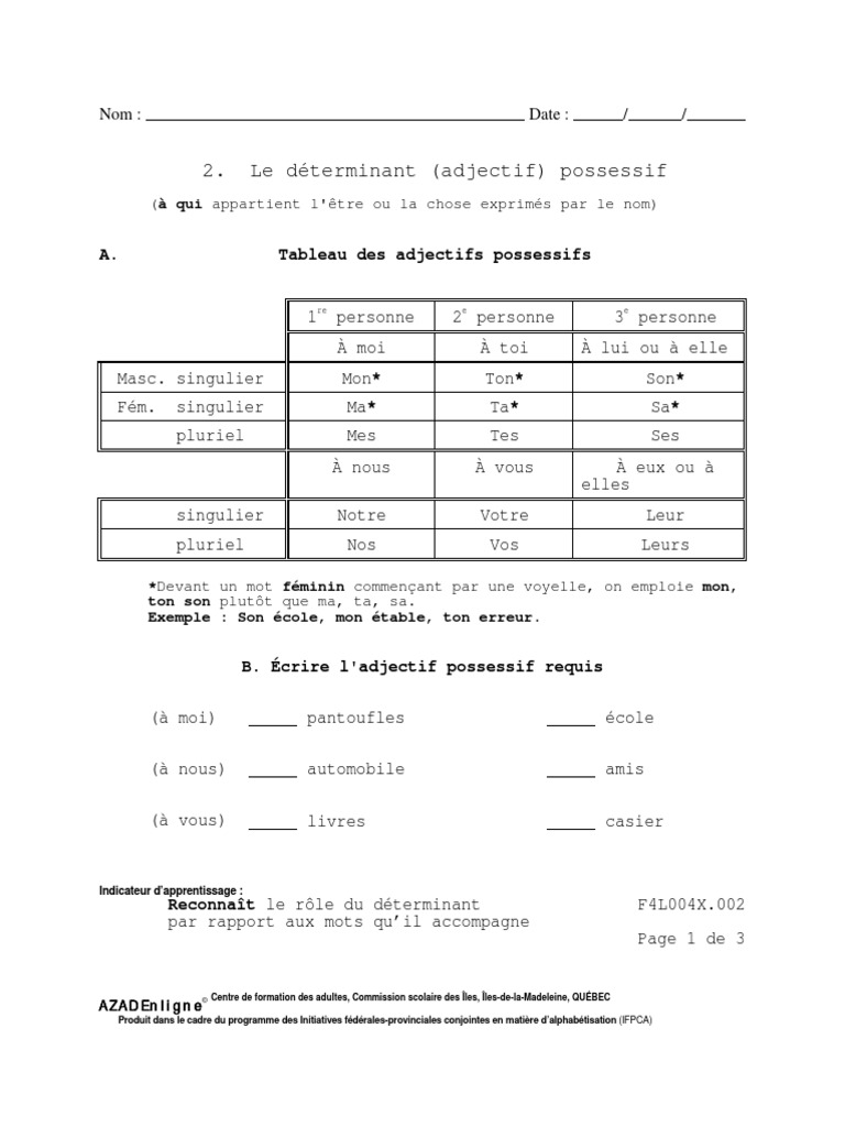 Adjectifs Possessifs 3 | PDF | Nombre grammatical | Syntaxe