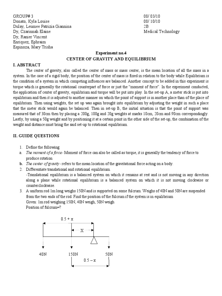 Experiment No.4 Center of Gravity and Equilibrium I. Abstract | PDF ...